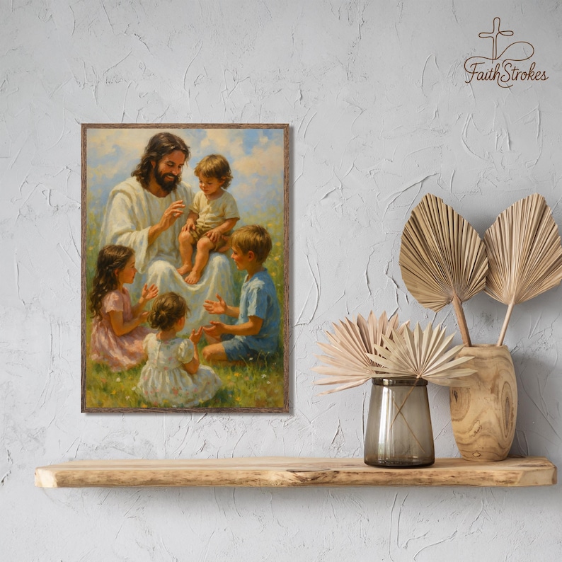 Jesus With Children: Christian Wall Art, Bible Story Painting, Digital ...