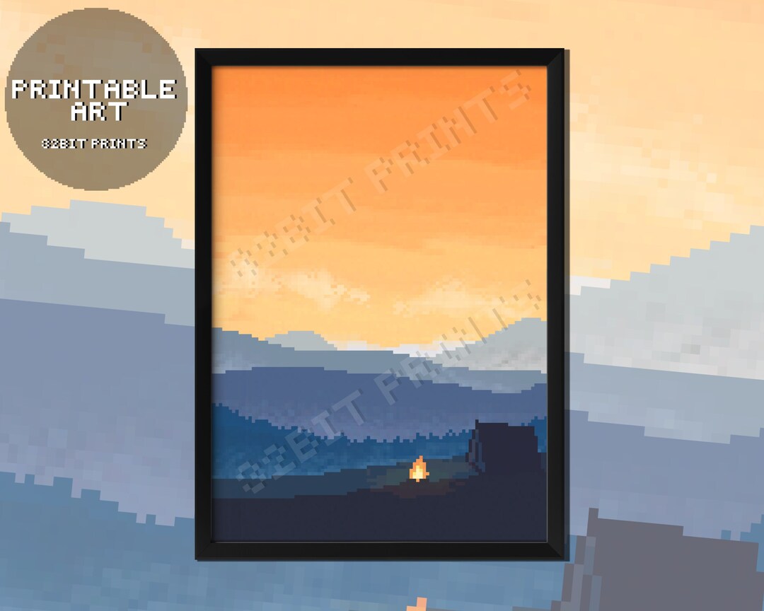 Sunset in Mountain Camping Pixel Art Poster Stylised Wall Art Modern ...