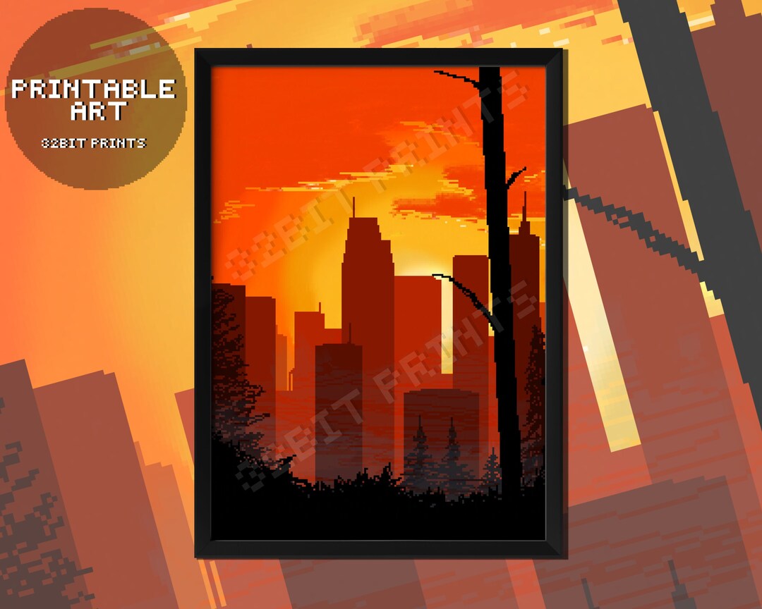 Pixel Art Printable Sunrise Over City Pixel Art Poster Computer Game ...