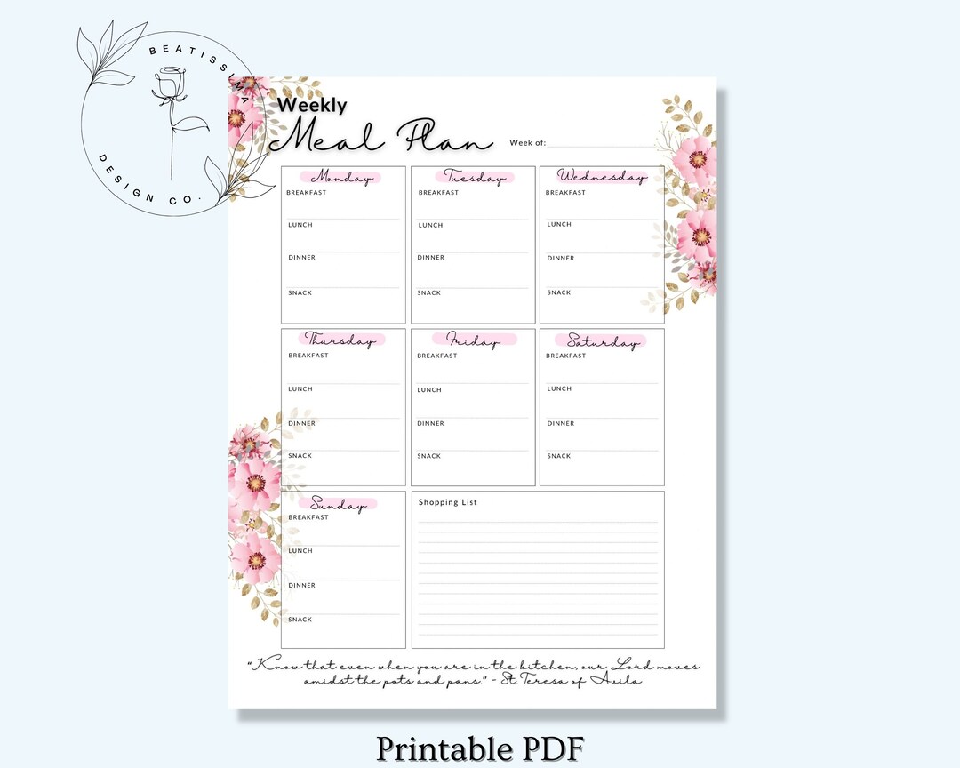 Weekly Meal Planner Printable, Shopping, Grocery List, 8.5 X 11 ...