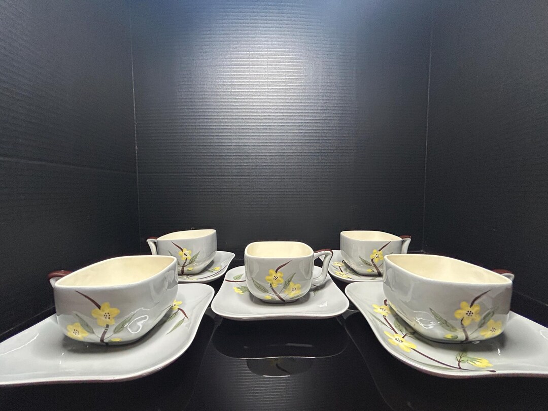Vintage Weil Ware Gray Yellow Blossom Pattern Set of 5 Cups With ...