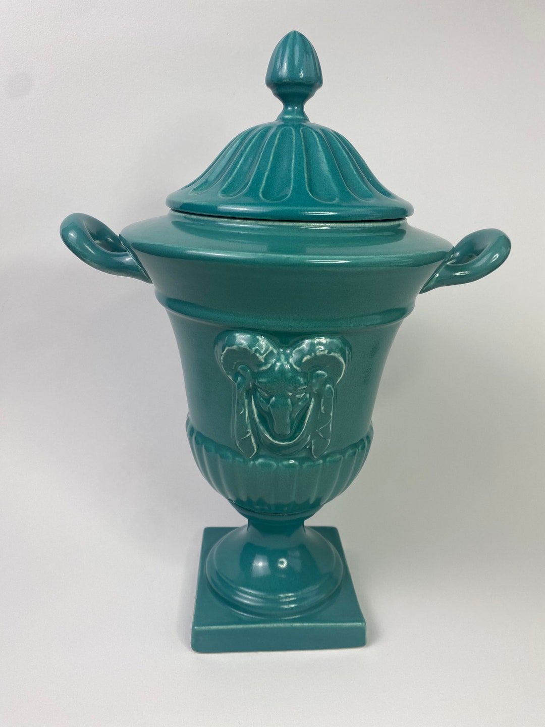 Cowan Pottery Turquoise Glaze Double Handle Decorative Lidded Urn W Ram ...