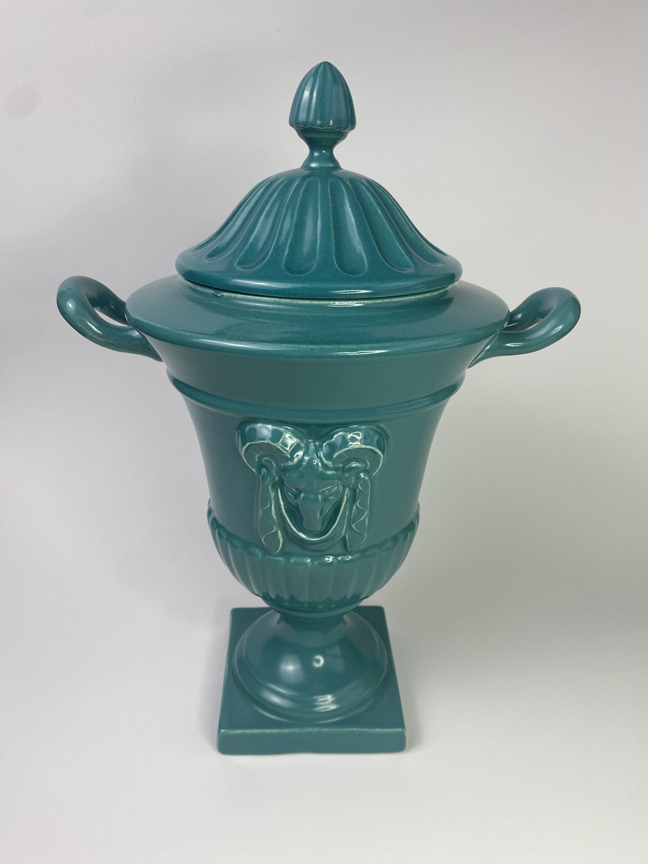 Cowan Pottery Turquoise Glaze Double Handle Decorative Lidded Urn W Ram ...