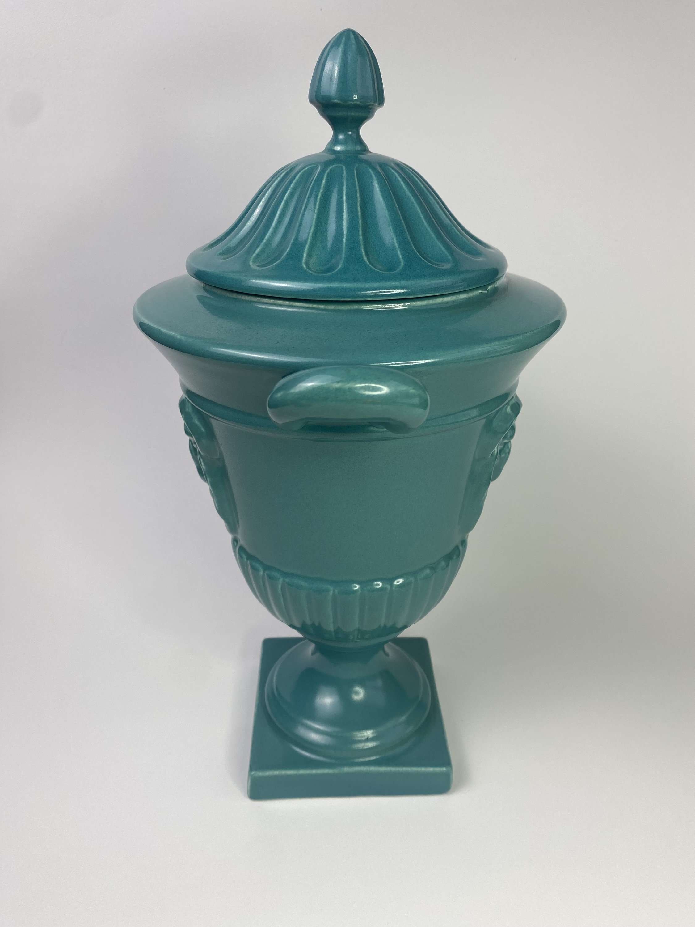 Cowan Pottery Turquoise Glaze Double Handle Decorative Lidded Urn W Ram ...