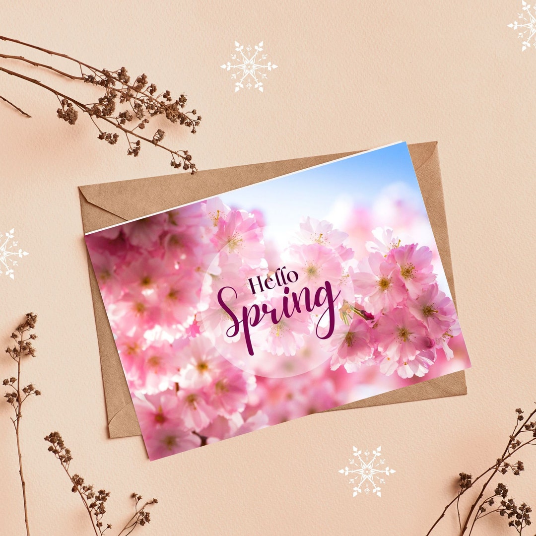 Hello Spring, Pink Floral Greeting Card, Printable Spring Card, Flower ...