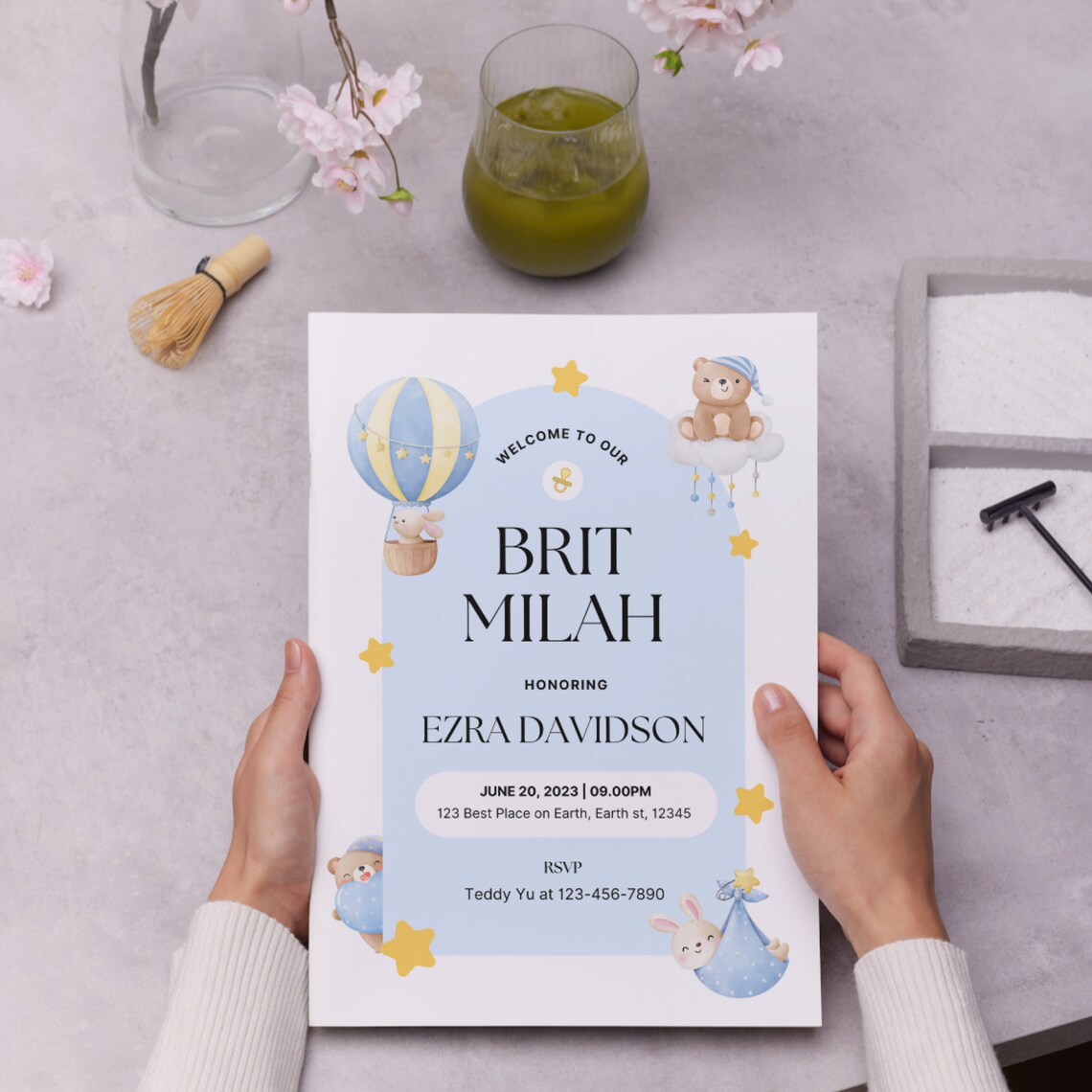 Blue Brit Milah Invitation & Party Banner, Editable Canva Template ...