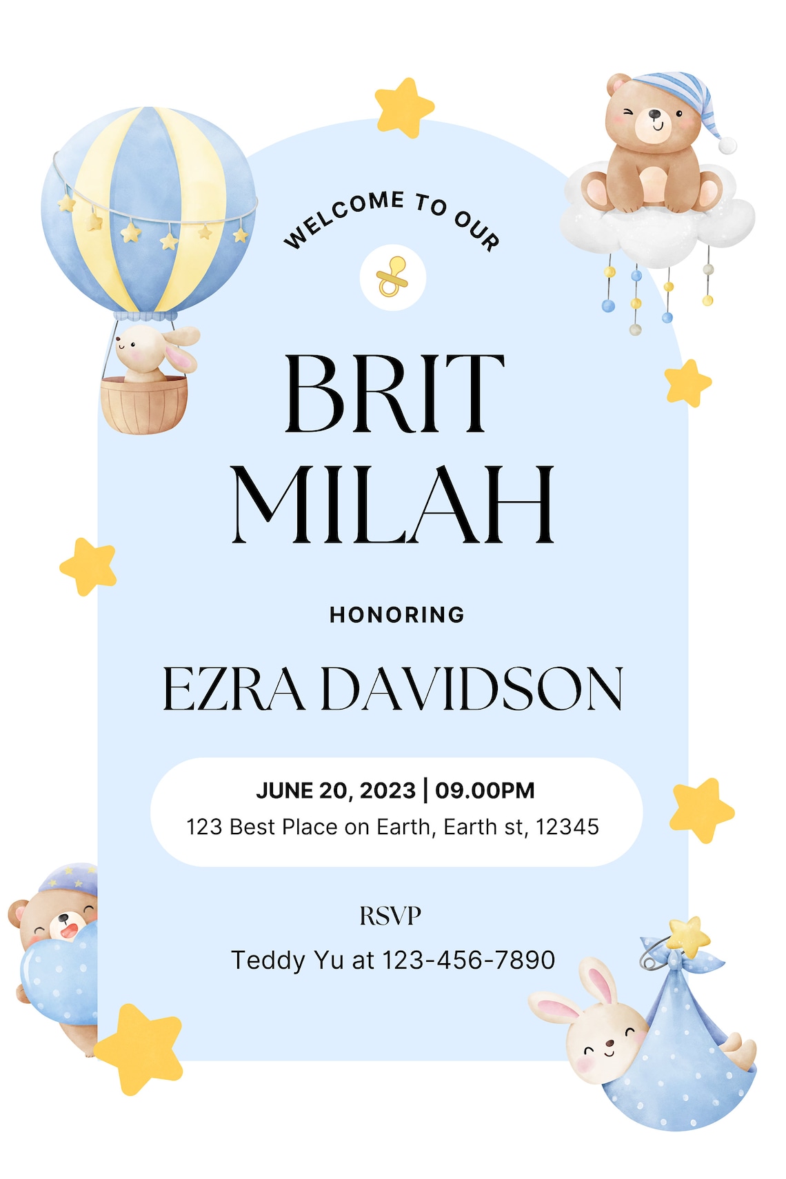 Blue Brit Milah Invitation & Party Banner, Editable Canva Template ...