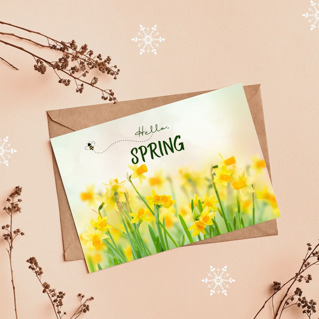 Hello Spring Floral Greeting Card, Printable Spring Flower Card, Happy ...