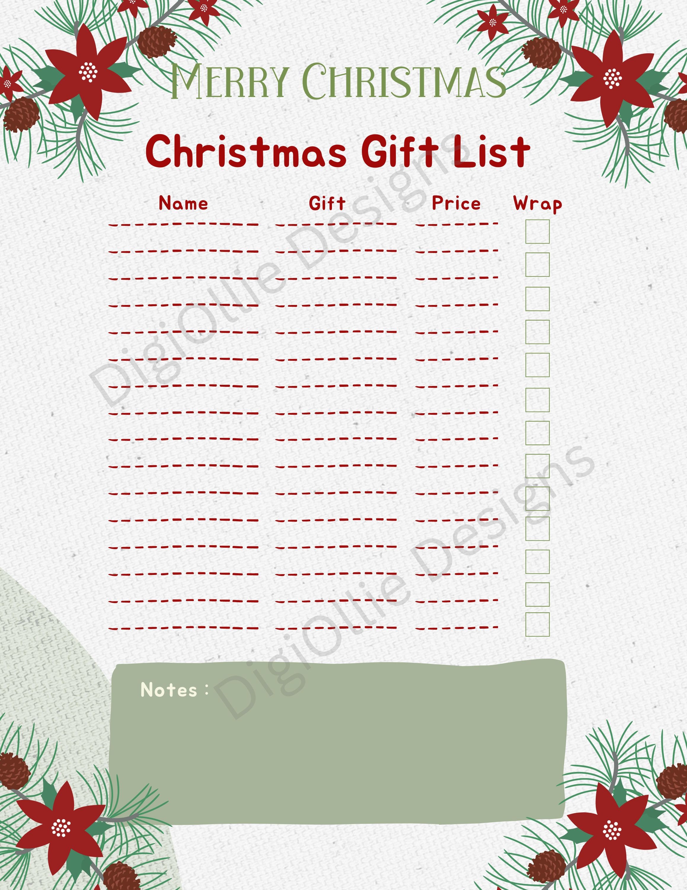 Christmas Gift List Printable | Fillable | Editable PDF | to Buy List ...