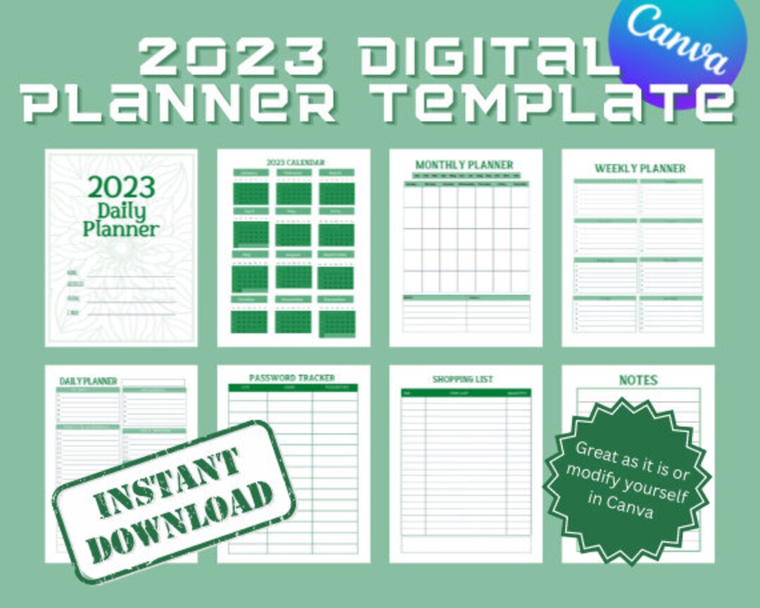2023 Digital Planner Template in Green Fully Editable Canva Pages ...