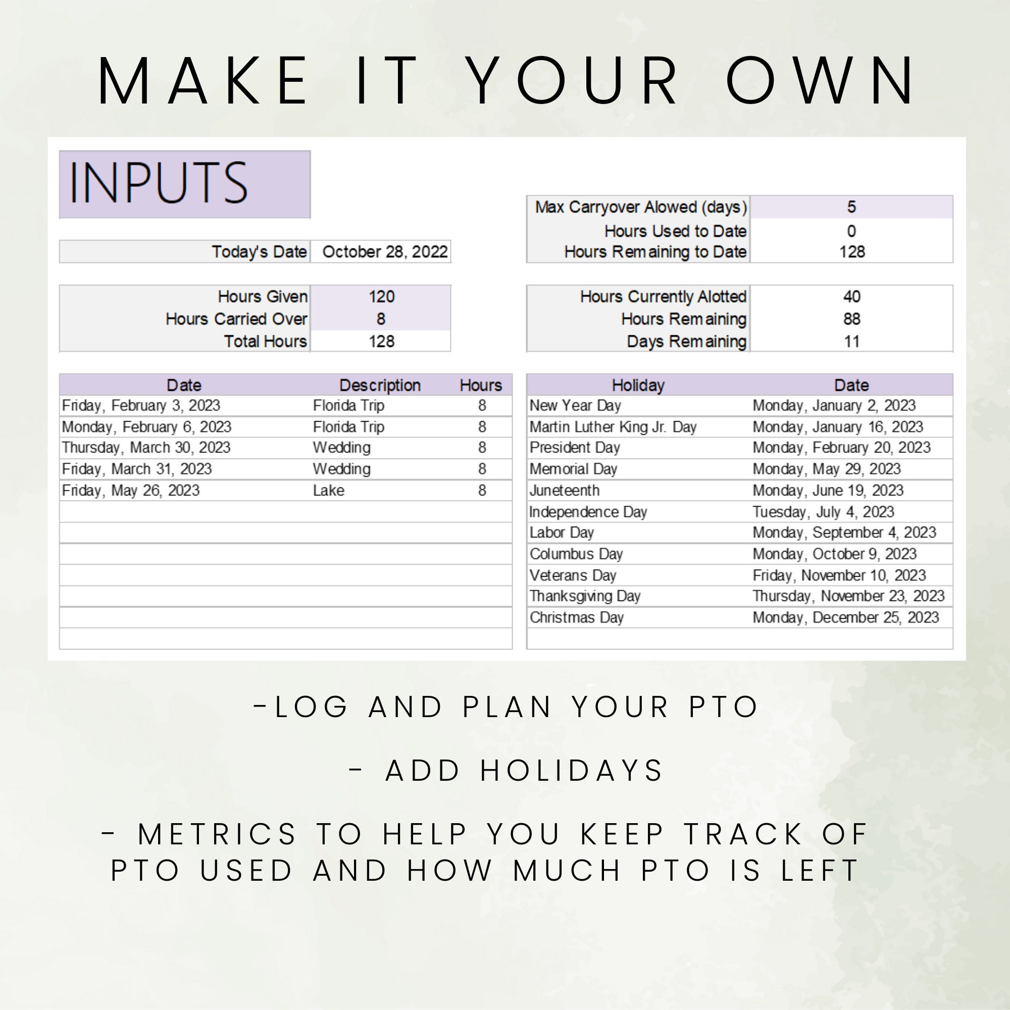 PTO Planner, Digital Planner, Scheduling Template, Vacation Planner - Etsy