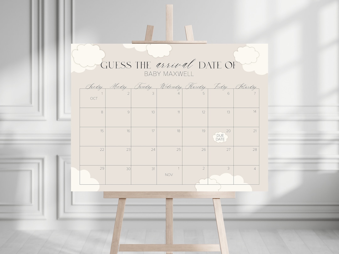 Cloud Due Date Calendar, Baby Shower Sign, Neutral Baby Cloud Theme ...