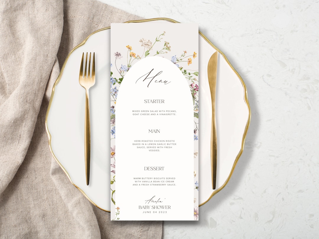 Baby in Bloom Menu, Wildflower Menu, Wedding Menu, Printable ...