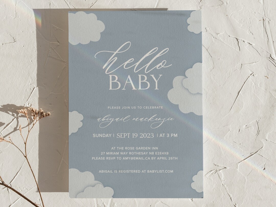 Editable Baby Shower Invitation, Hello Baby, Blue Clouds, Printable ...