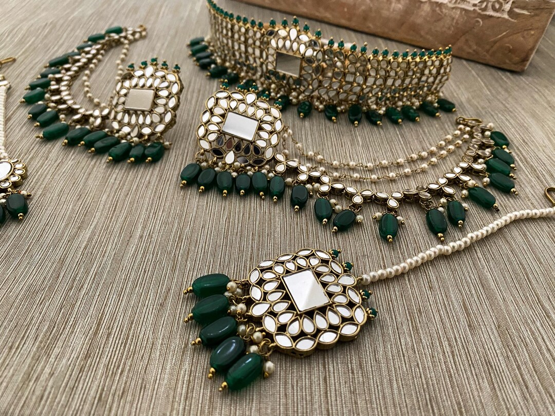 Indian Pakistani Wedding Silver Gold Dark Emerald Green Mirror Choker ...