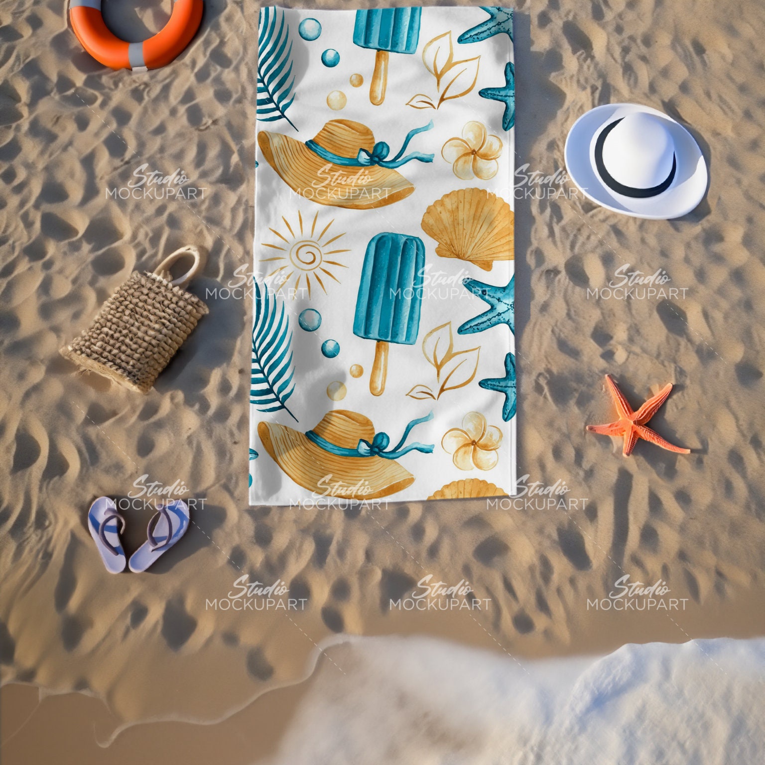 3 Pieces Beach Towel Mockup Template Easy to Edit Canva PNG Overlay ...