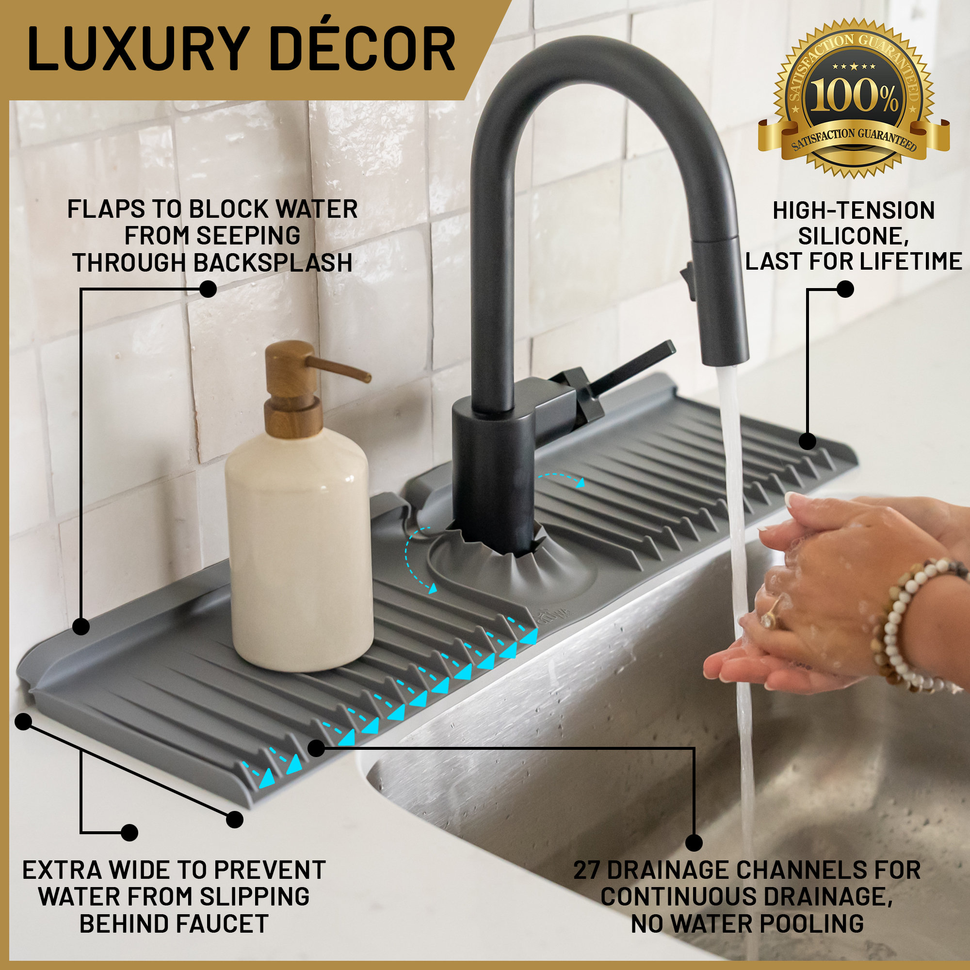 Kitchen & Bathroom Sink Splash Guard. High-tension Silicone. Protect ...