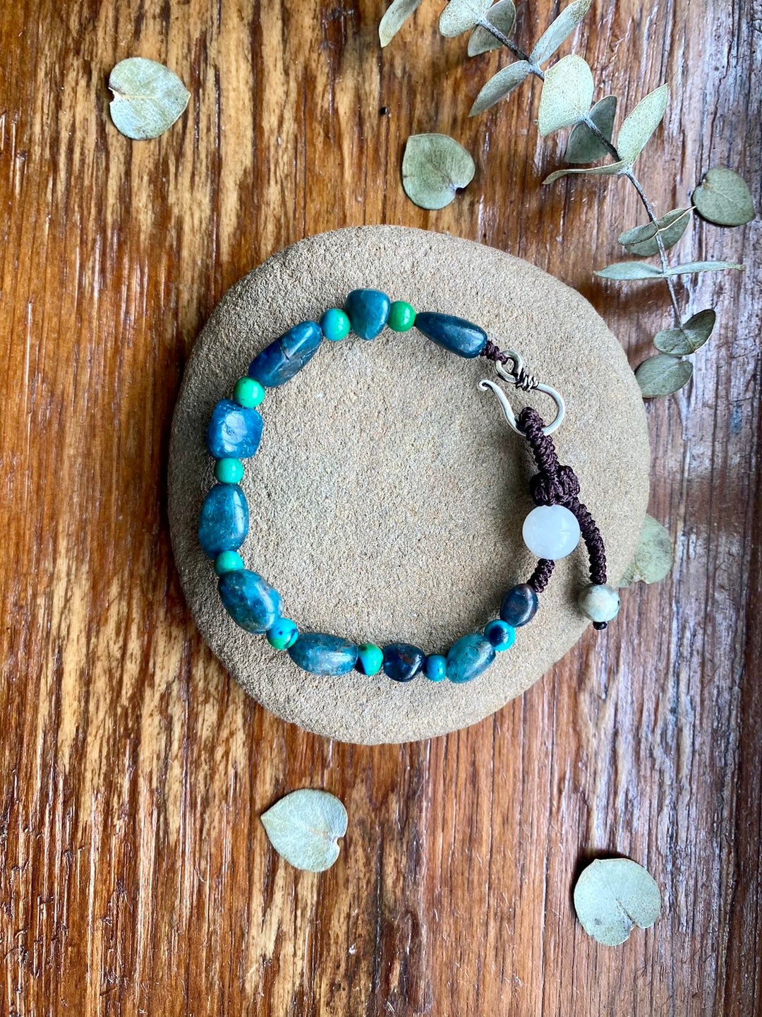Hand Braided Natural Stone Bracelet, Sterling Silver Hook Bracelet ...