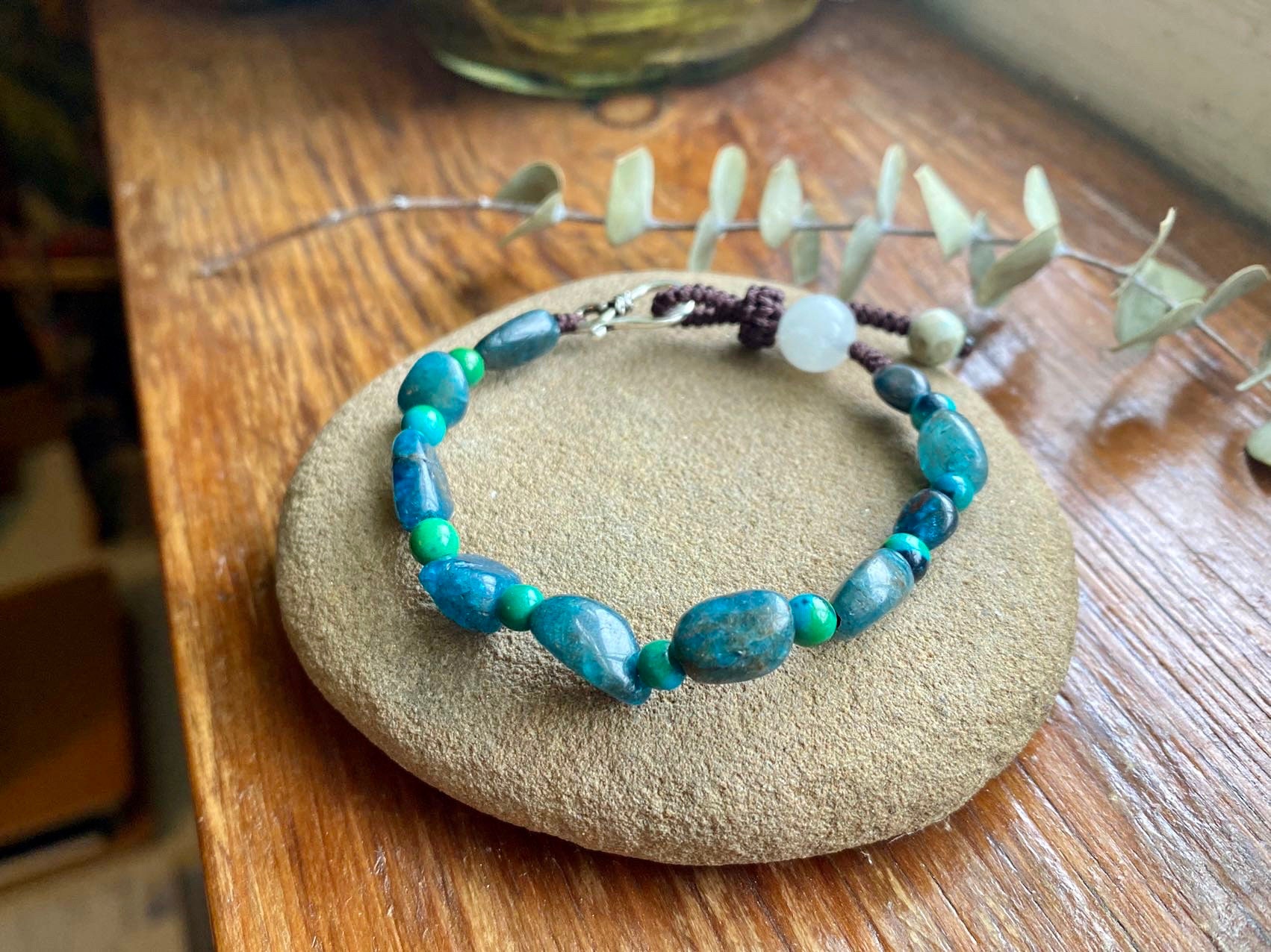 Hand Braided Natural Stone Bracelet, Sterling Silver Hook Bracelet ...