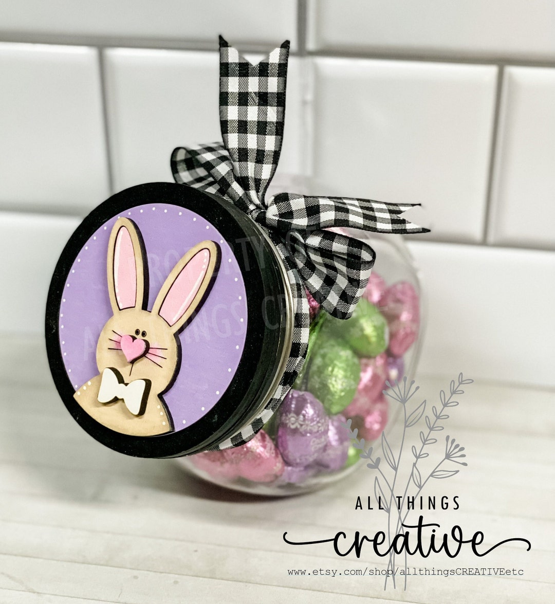 Glass Candy Jar Container With Removable Lid and a 3 Inch Easter Bunny ...