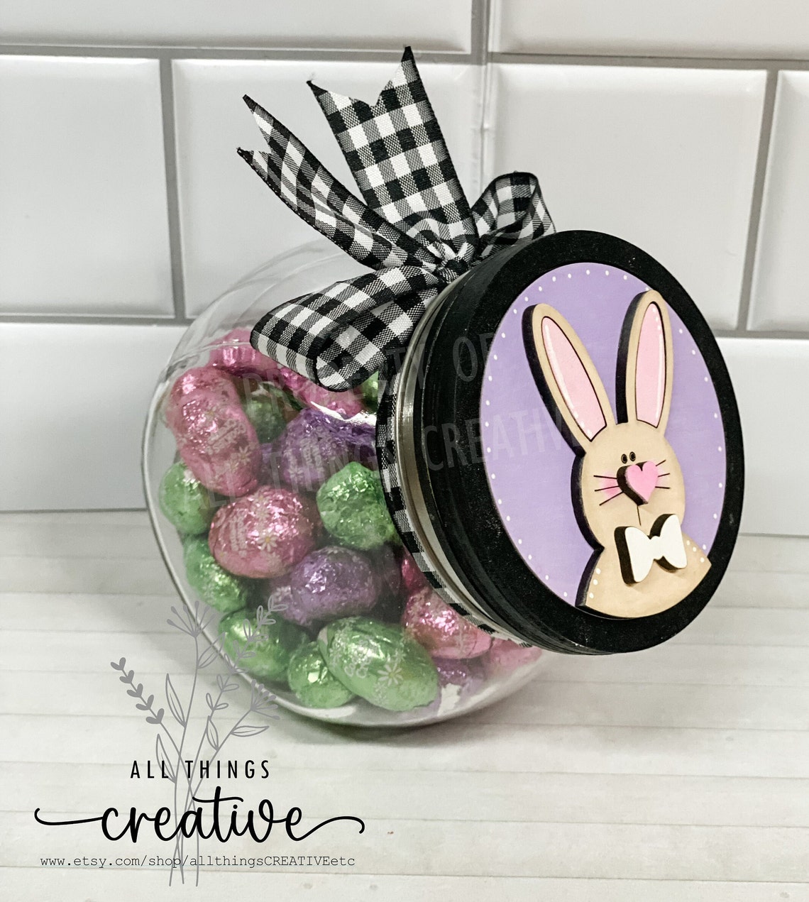 Glass Candy Jar Container With Removable Lid and a 3 Inch Easter Bunny ...