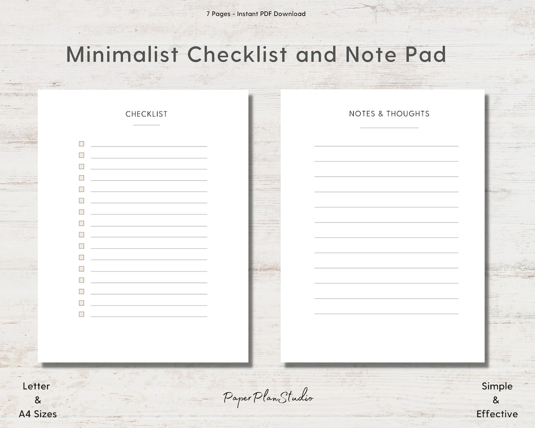 Minimal Checklist and Note Pad Letter & A4 Instant PDF Download ...