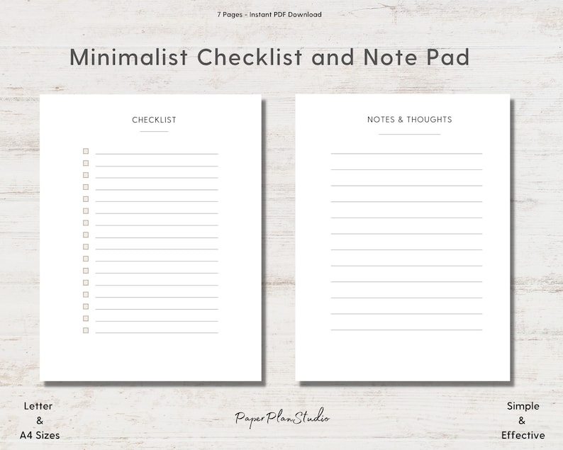 Minimal Checklist and Note Pad Letter & A4 Instant PDF Download ...