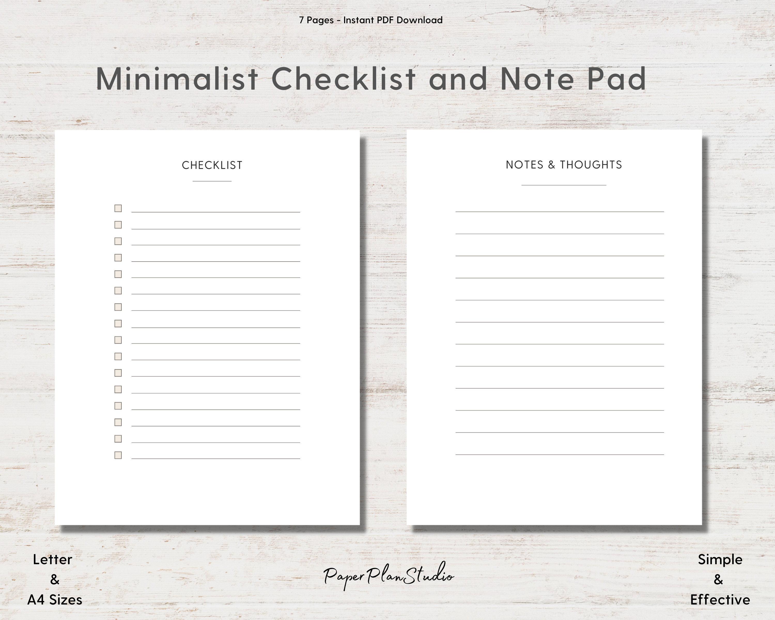 Minimal Checklist and Note Pad Letter & A4 Instant PDF Download ...