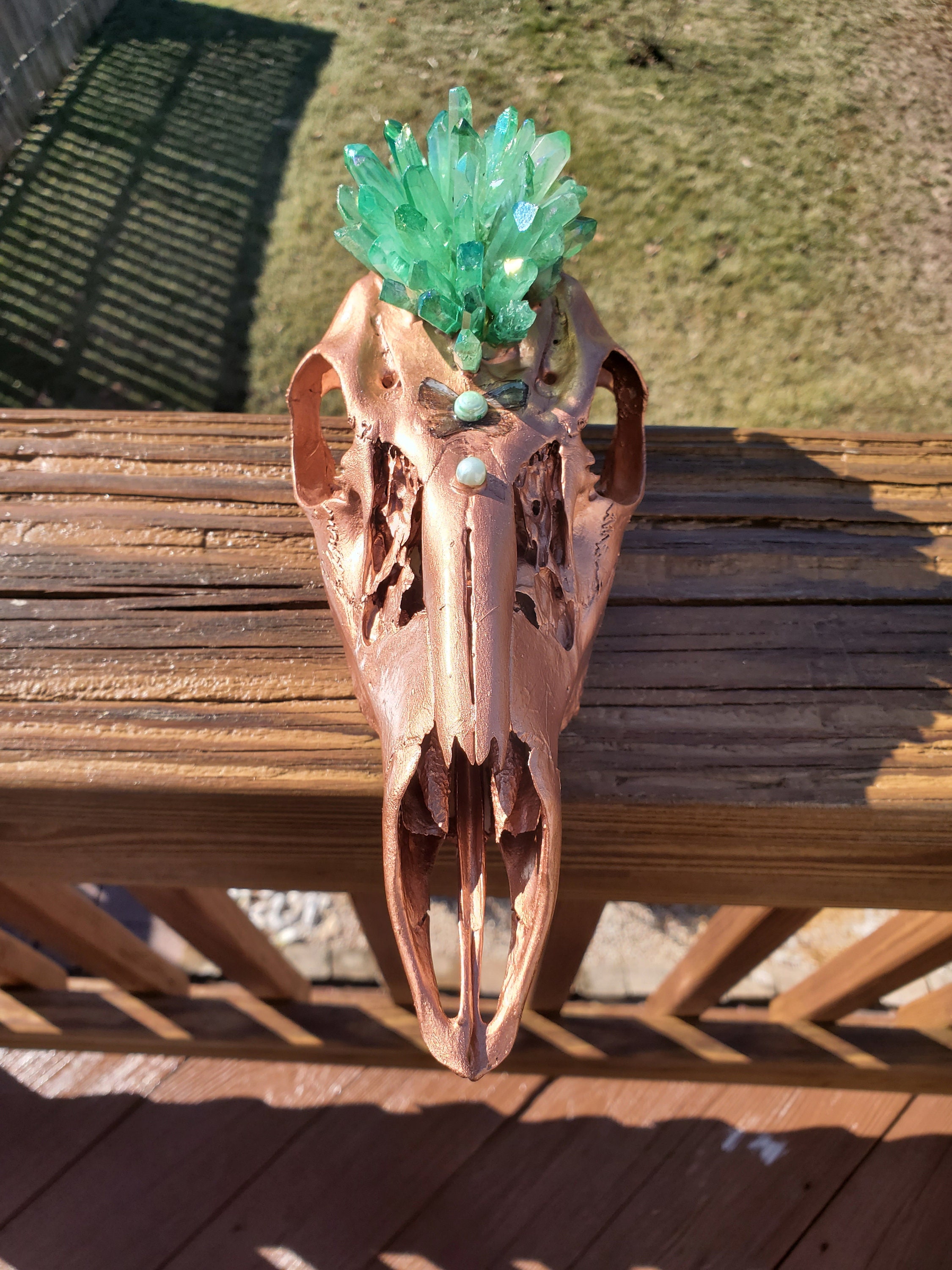 REAL Crystallized Deer Skull With Aura Quartz Copper Paint Green Pearls ...