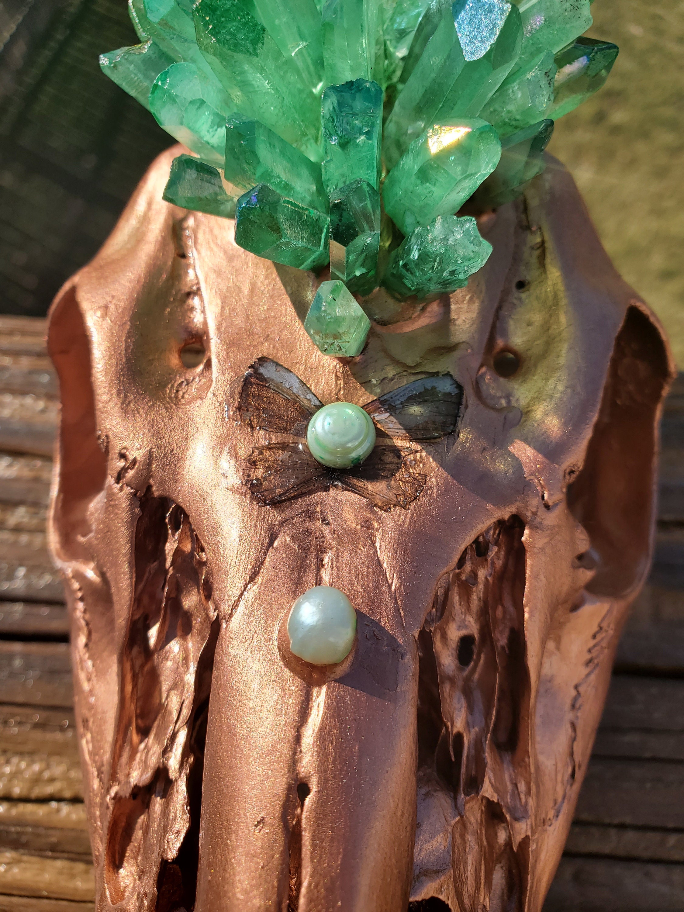REAL Crystallized Deer Skull With Aura Quartz Copper Paint Green Pearls ...