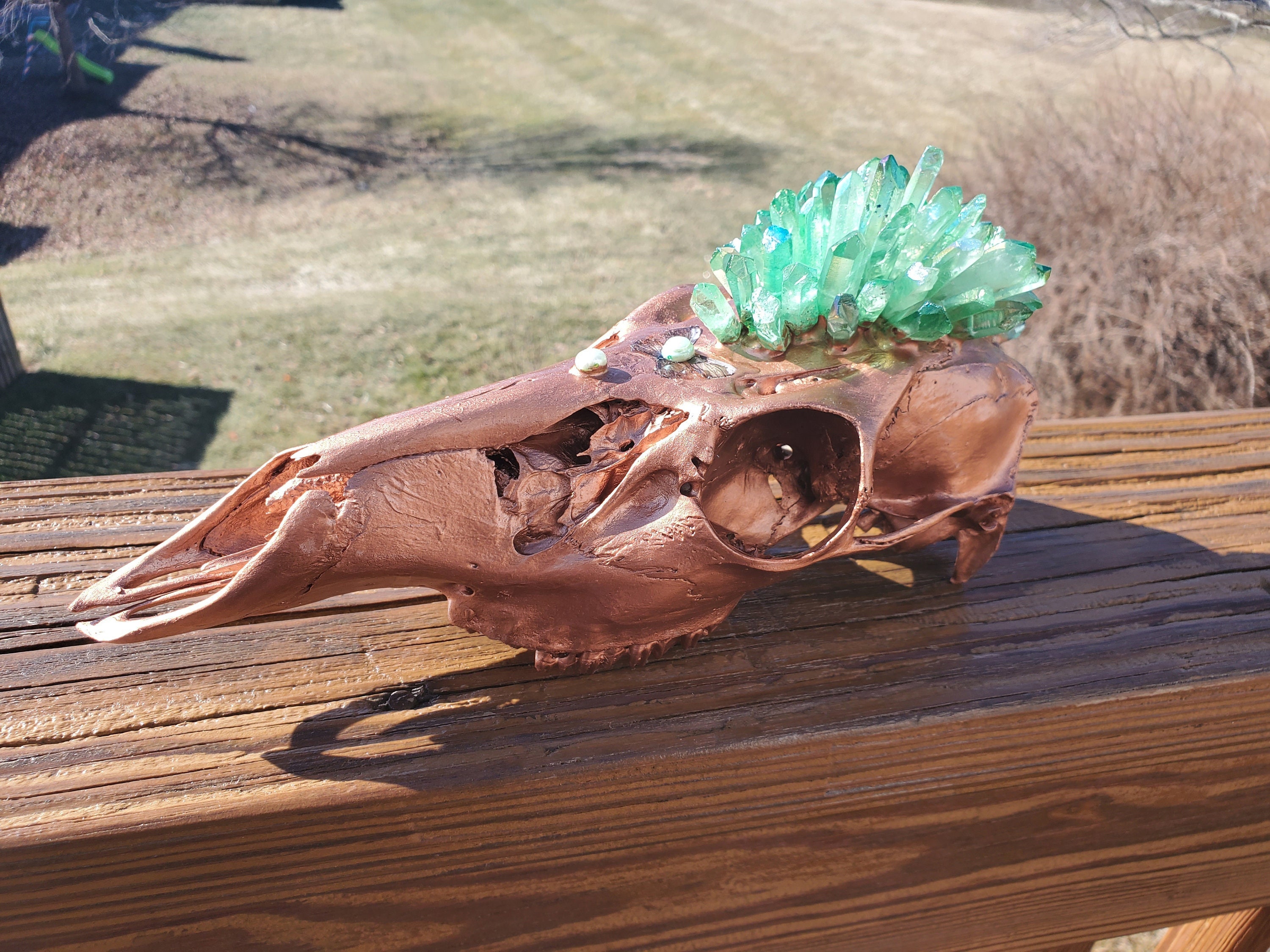 REAL Crystallized Deer Skull With Aura Quartz Copper Paint Green Pearls ...