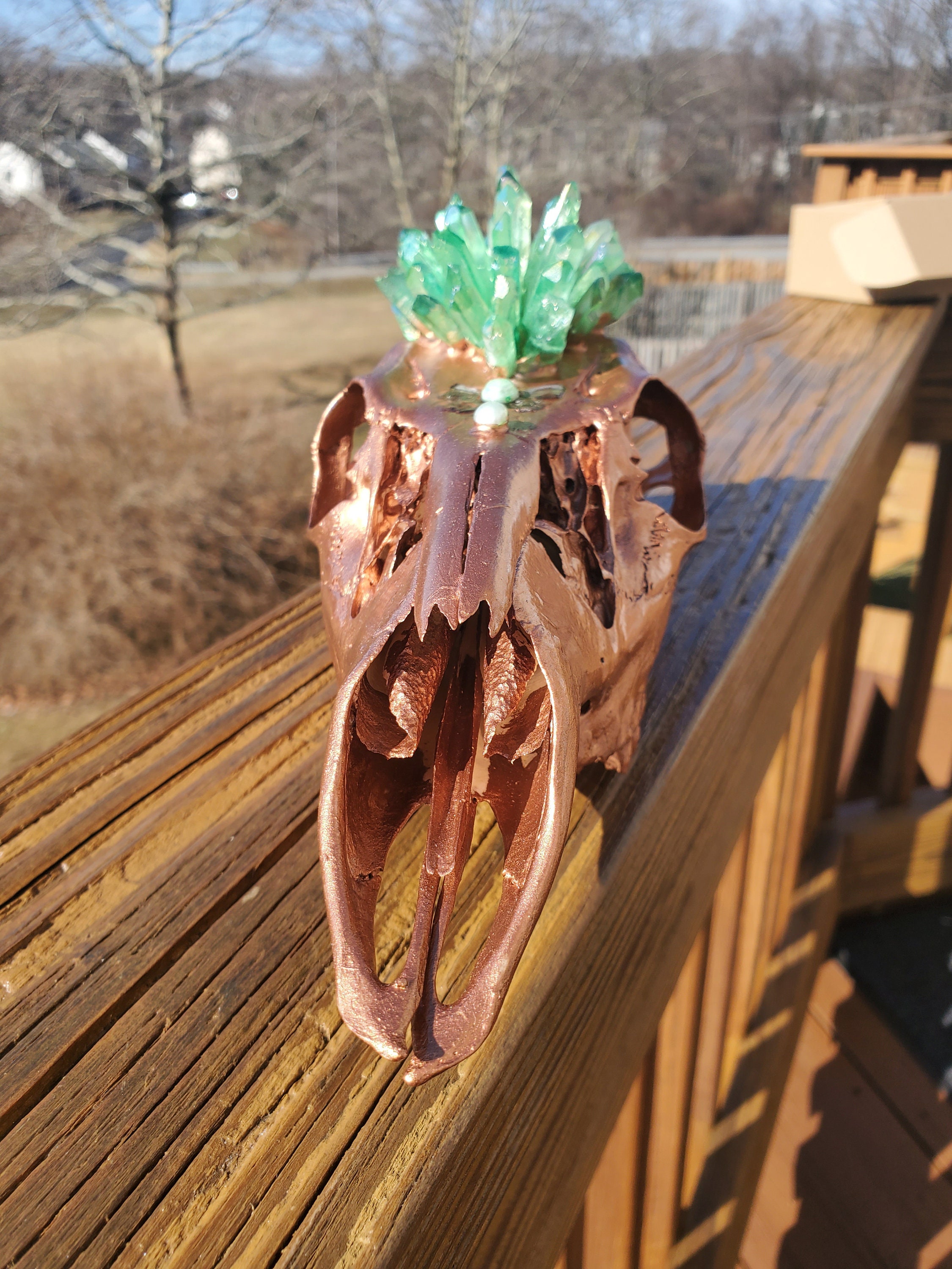 REAL Crystallized Deer Skull With Aura Quartz Copper Paint Green Pearls ...