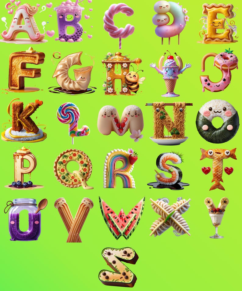 Kawaii Food Alphabet PNG Bundle – A-Z Cute Food Letters, Anime Clipart ...