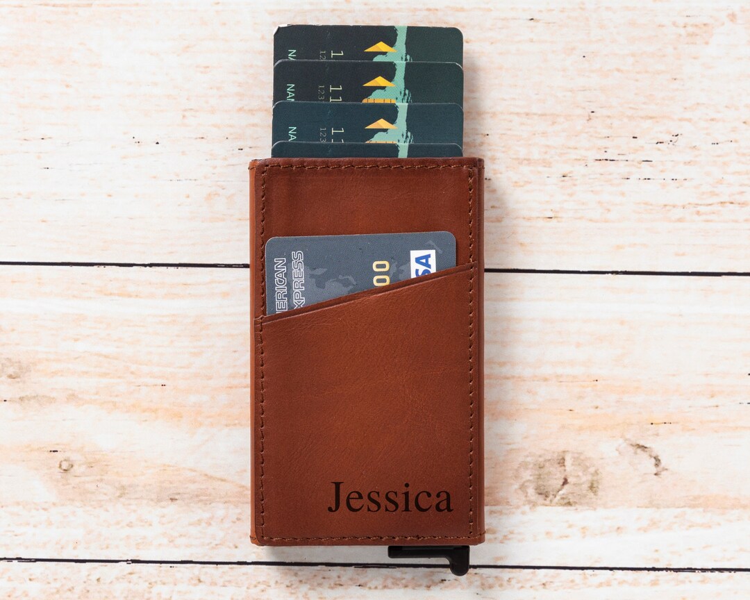Minimalist Mechanical Pop-up Card Holder, Personalized Leather RFID ...
