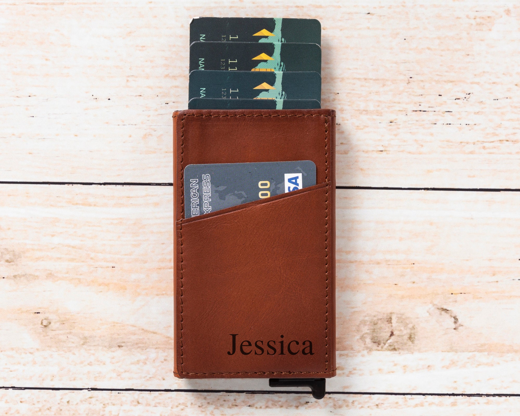 Minimalist Mechanical Pop-up Card Holder, Personalized Leather RFID ...