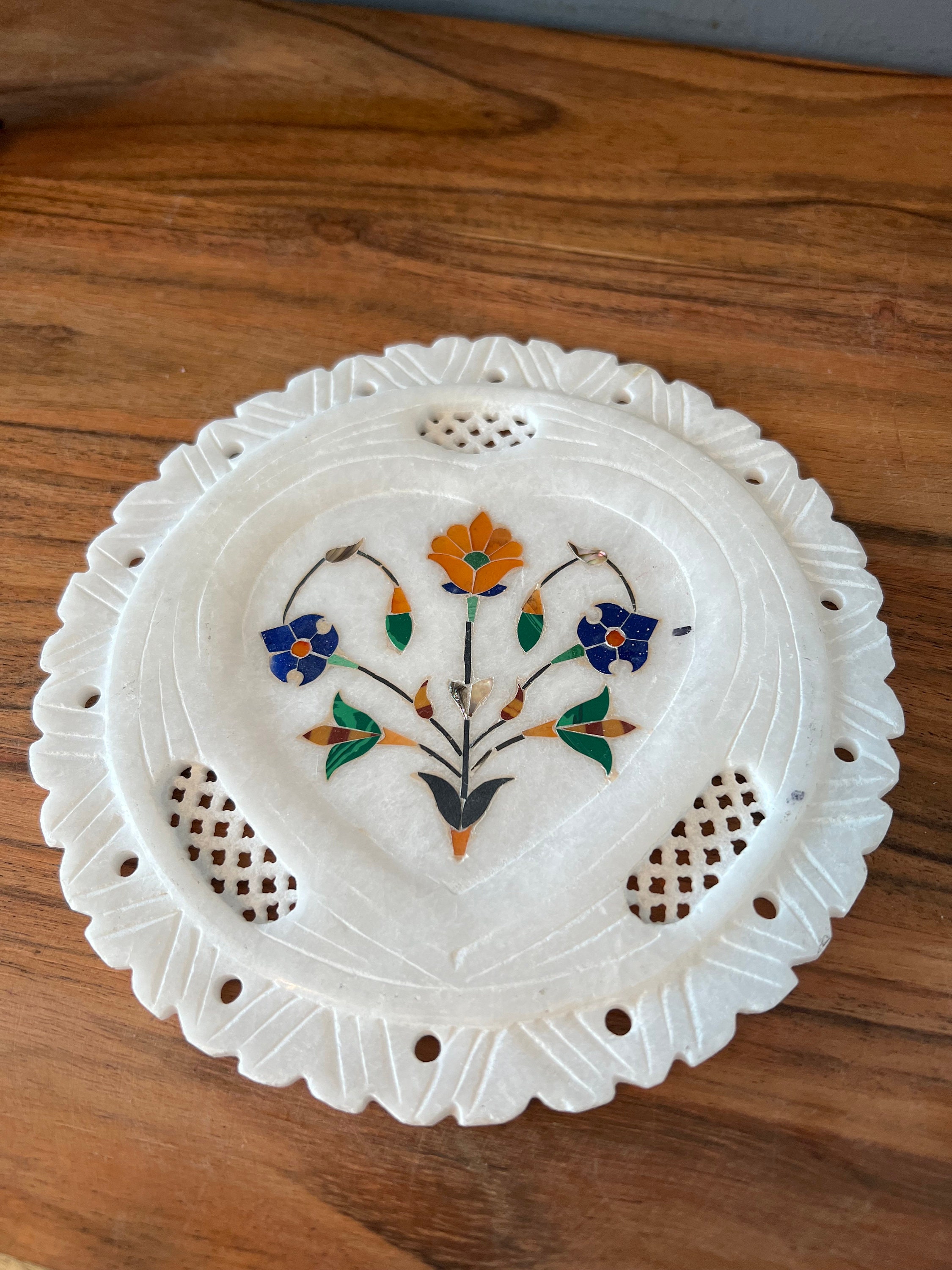 Taj Mahal Floral Inlay Carved Marble Plate - Etsy