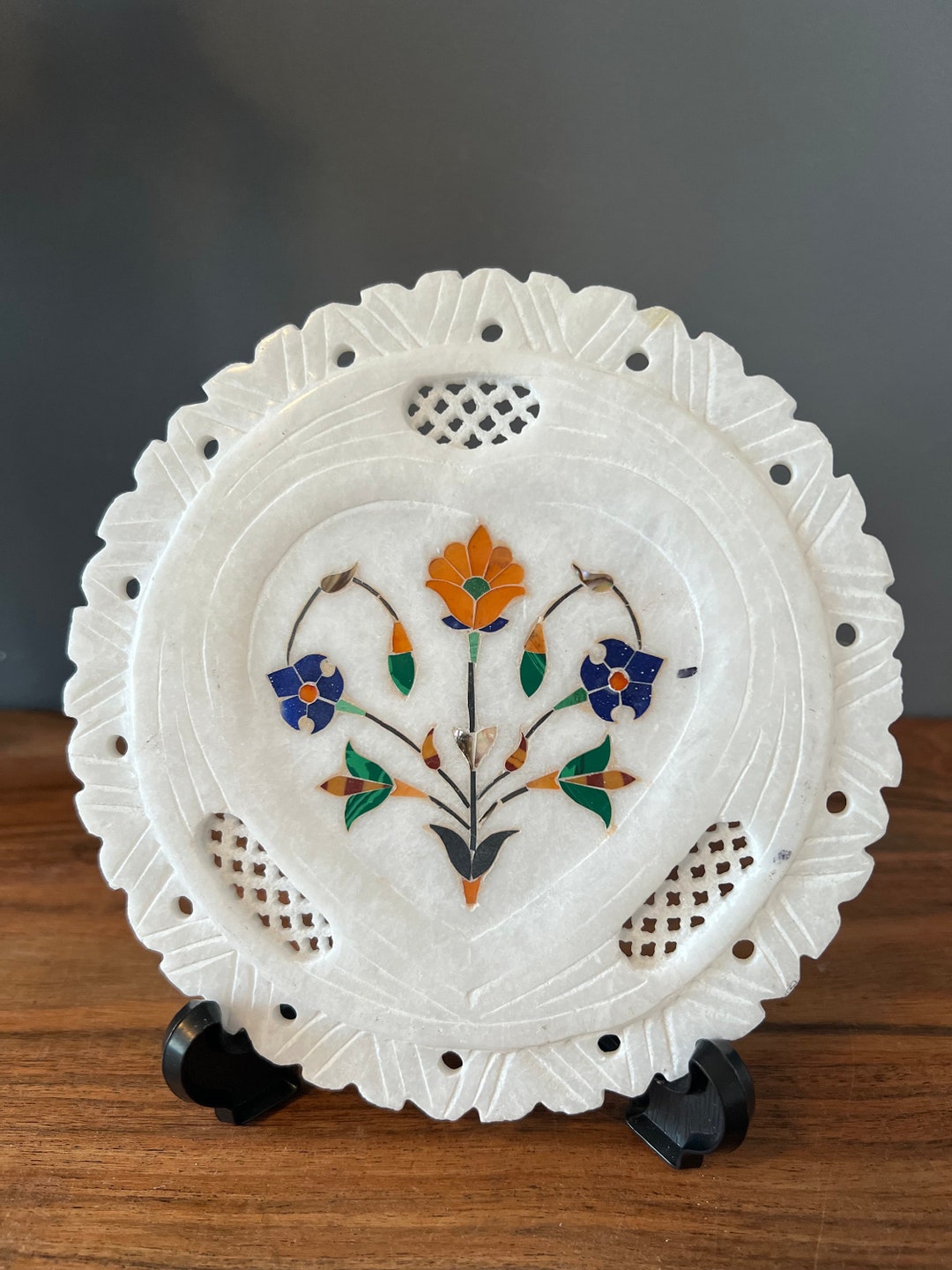 Taj Mahal Floral Inlay Carved Marble Plate - Etsy