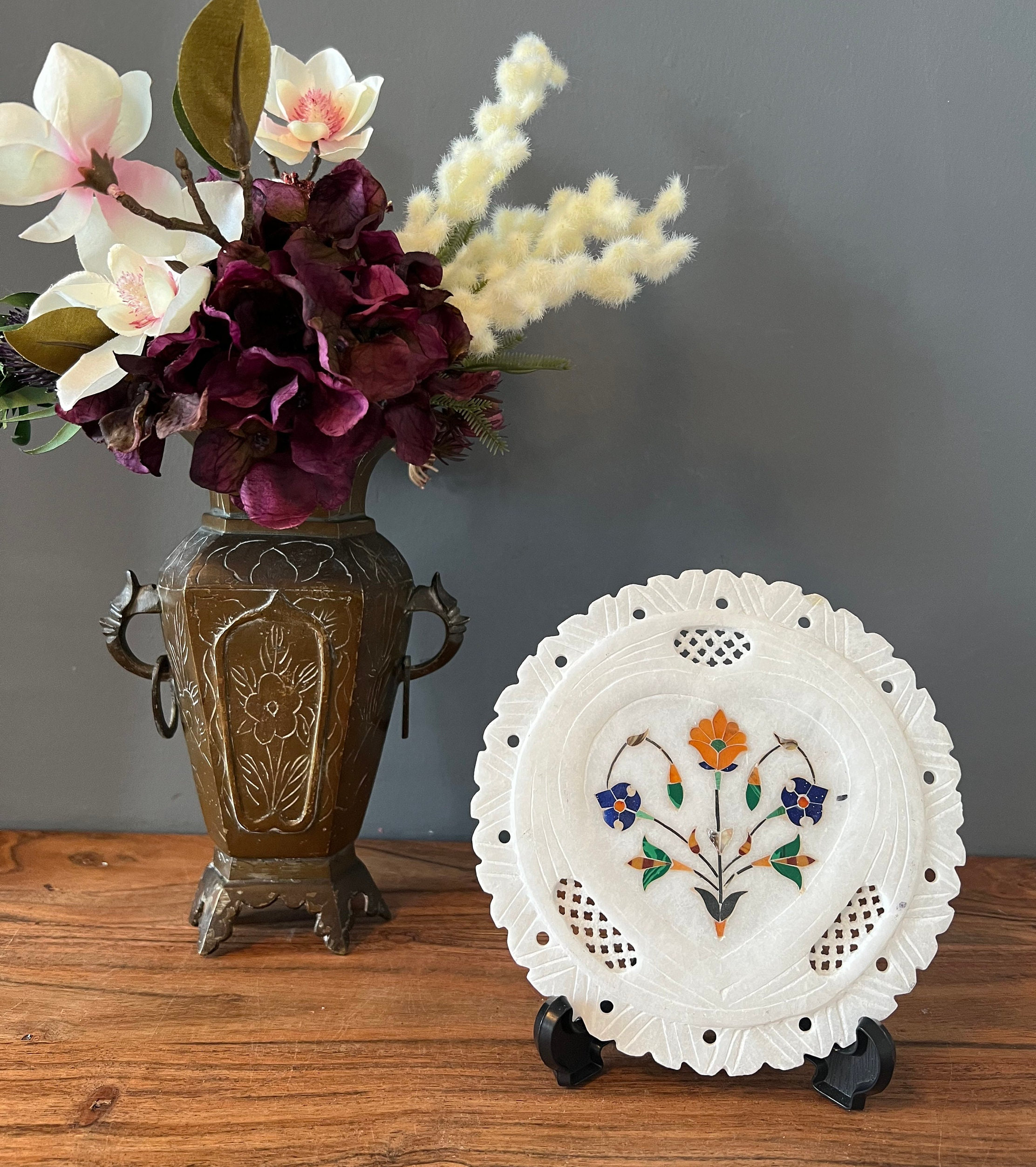 Taj Mahal Floral Inlay Carved Marble Plate - Etsy