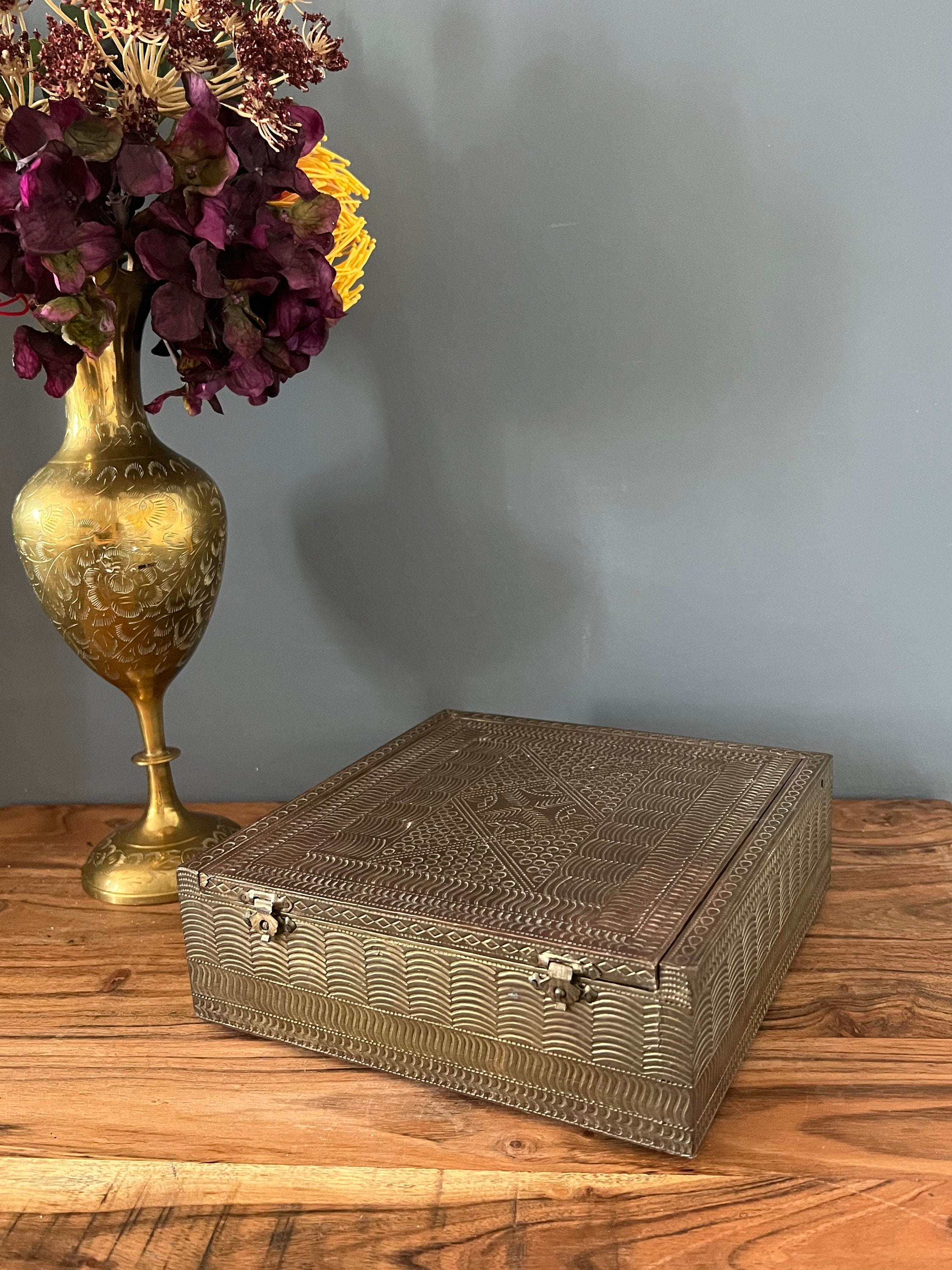 Stunning Antique Wooden Box With Brass Overlay - Etsy
