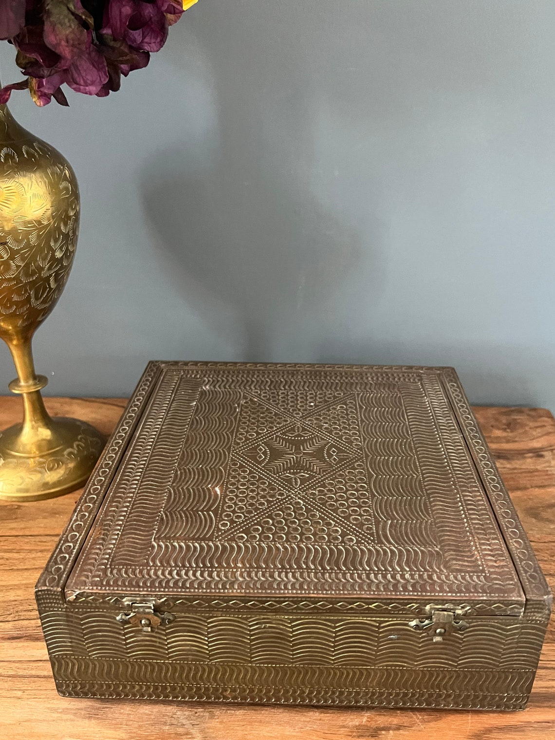Stunning Antique Wooden Box With Brass Overlay - Etsy
