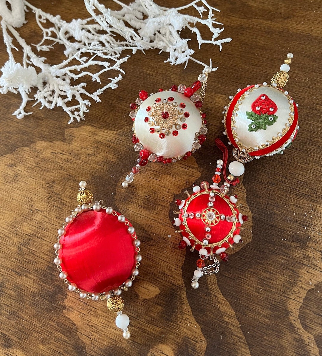 Set of 4 Red & White Satin Push Pin Ornament - Etsy