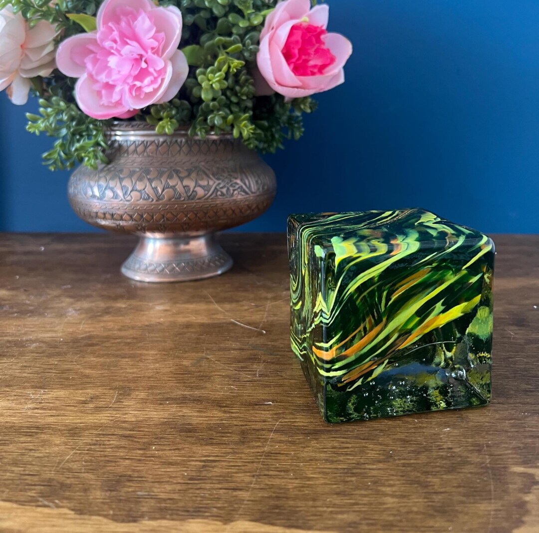 VTG Handblown Glass Paperweight Cube - Etsy