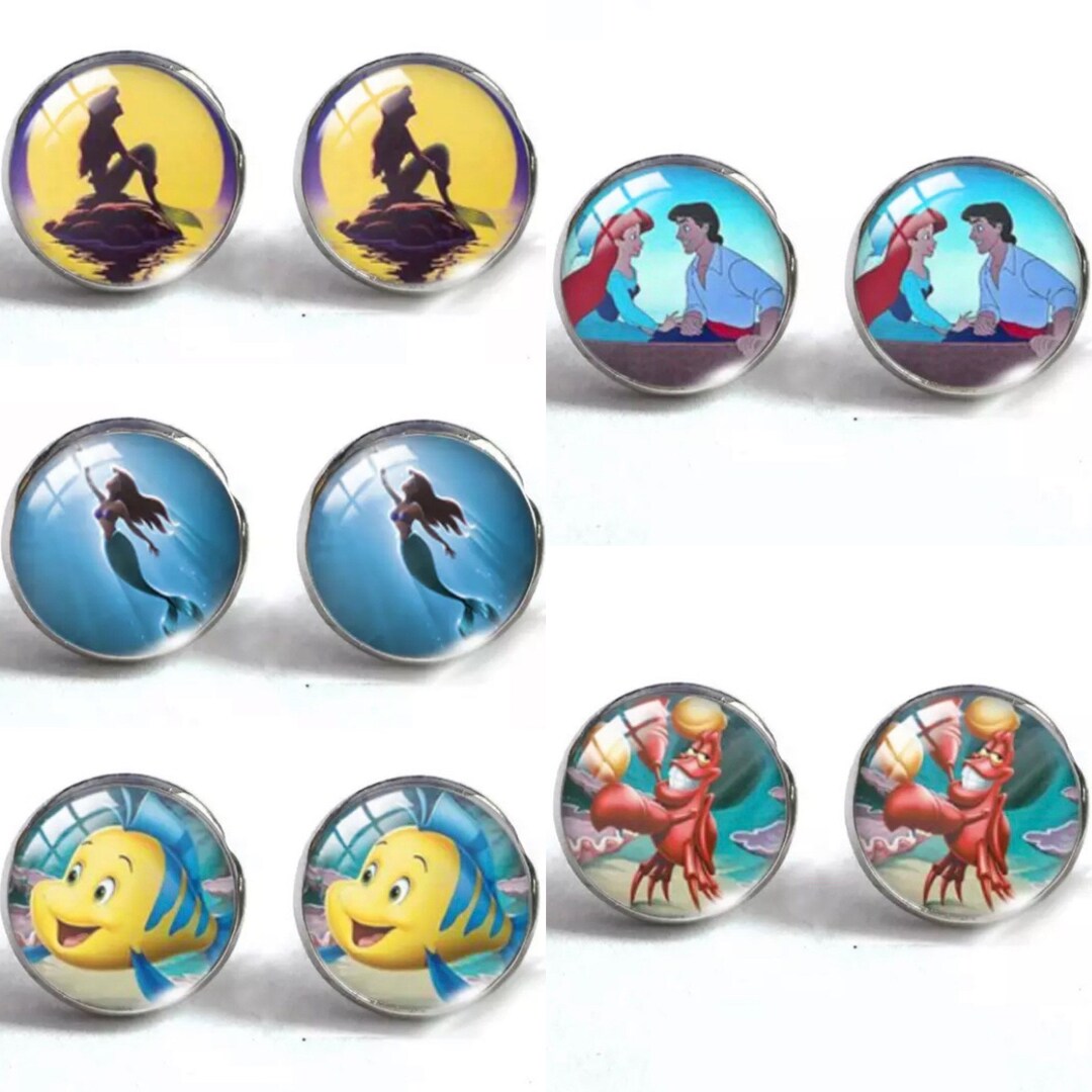 The Little Mermaid Glass Cabochon Stud Earrings Disney Princess Movie ...