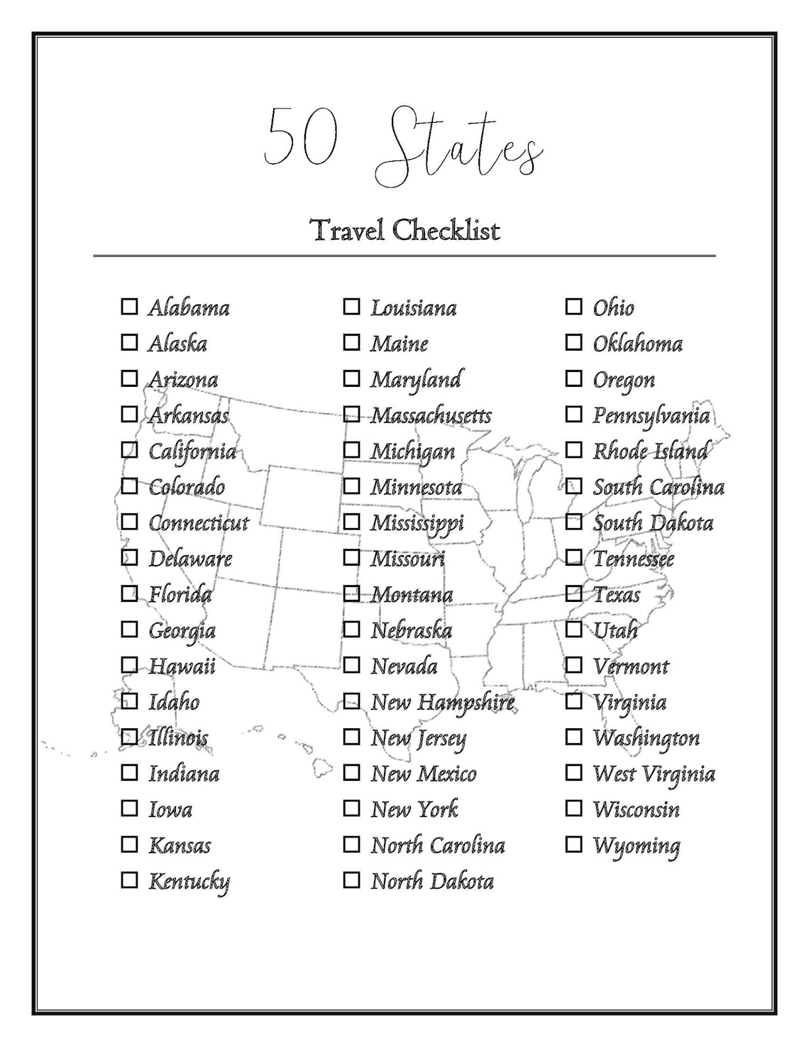 50 US States Checklist - Etsy