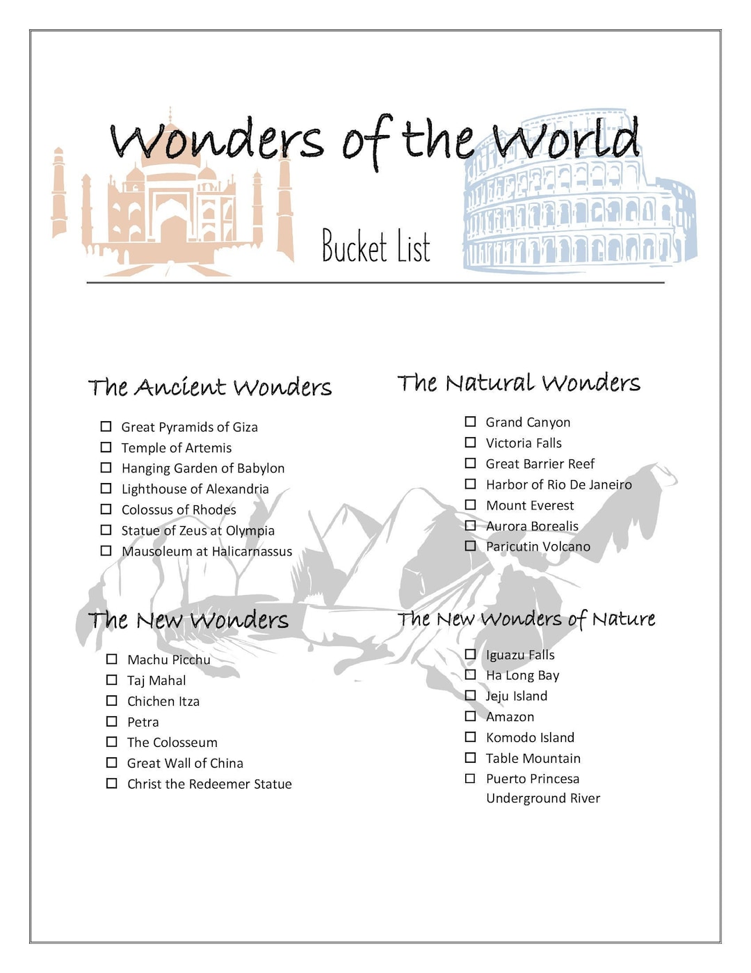 Wonders of the World Travel Checklist - Etsy