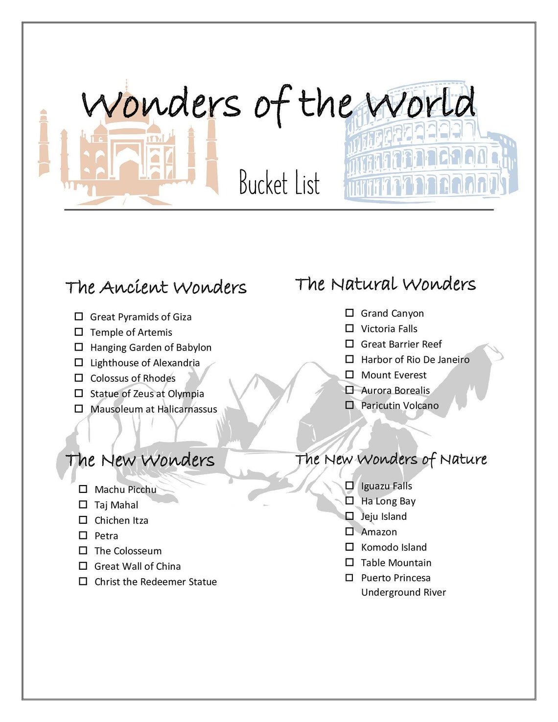 Wonders of the World Travel Checklist - Etsy