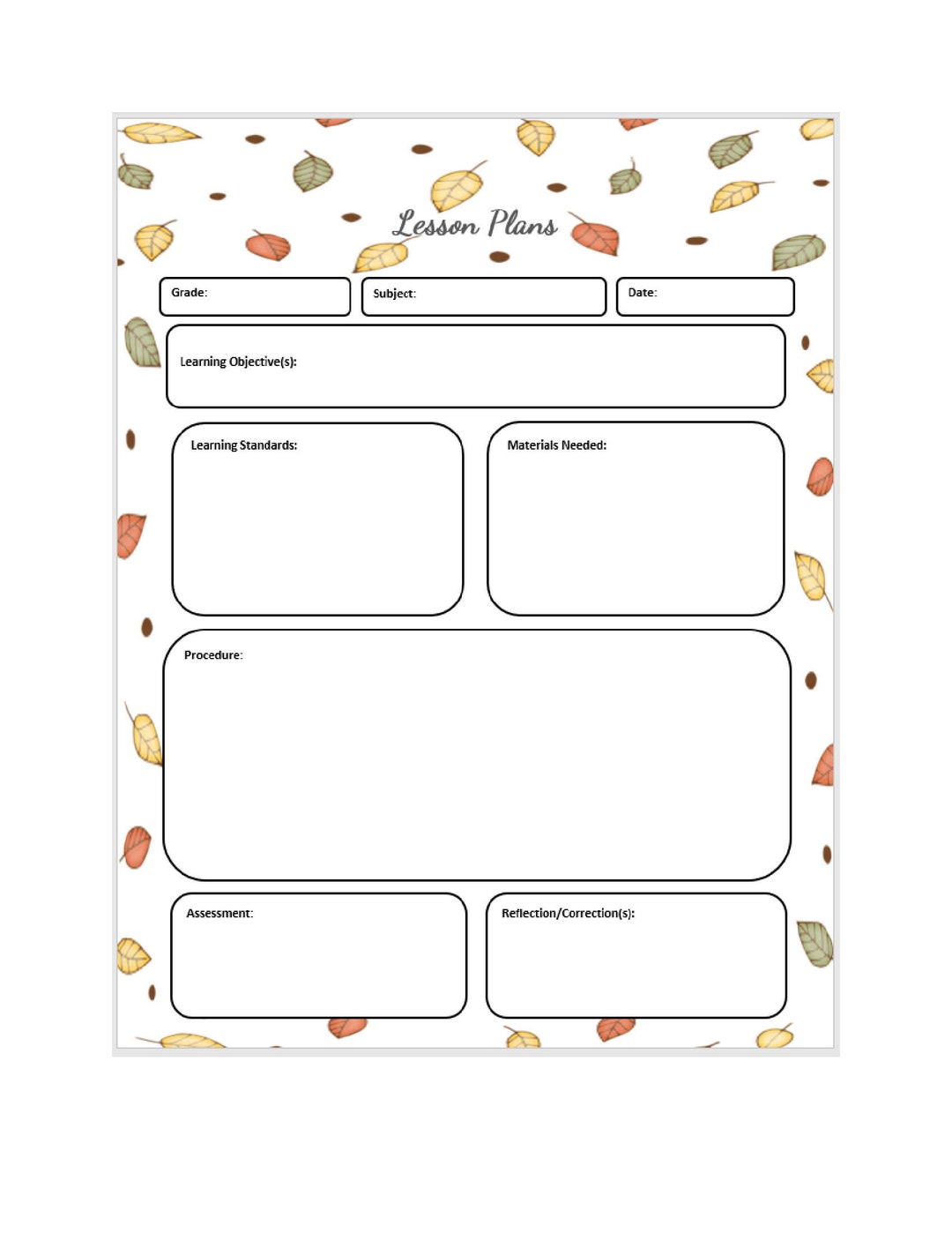 Lesson Plan Template - Fall Theme - Etsy
