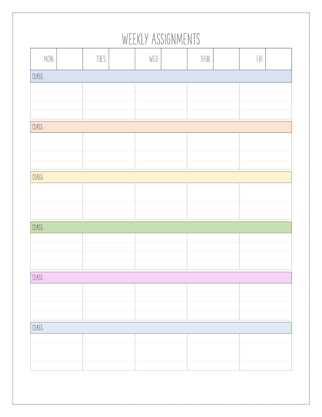 Weekly Assignment Planner - Etsy