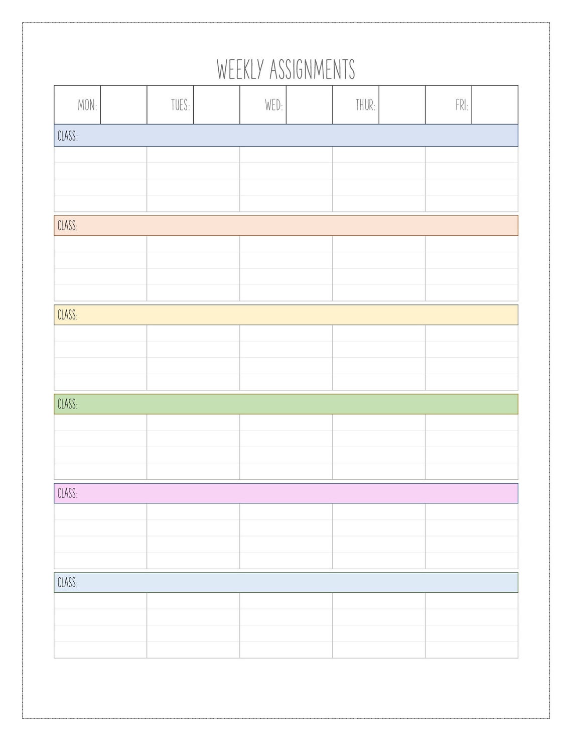 Weekly Assignment Planner - Etsy