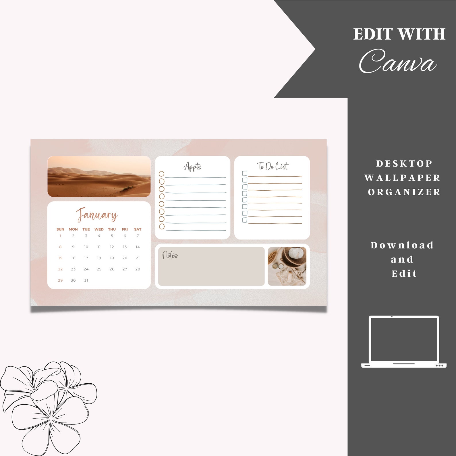 Desktop Wallpaper With Desert Boho Theme, Organizers for Your Desktop ...